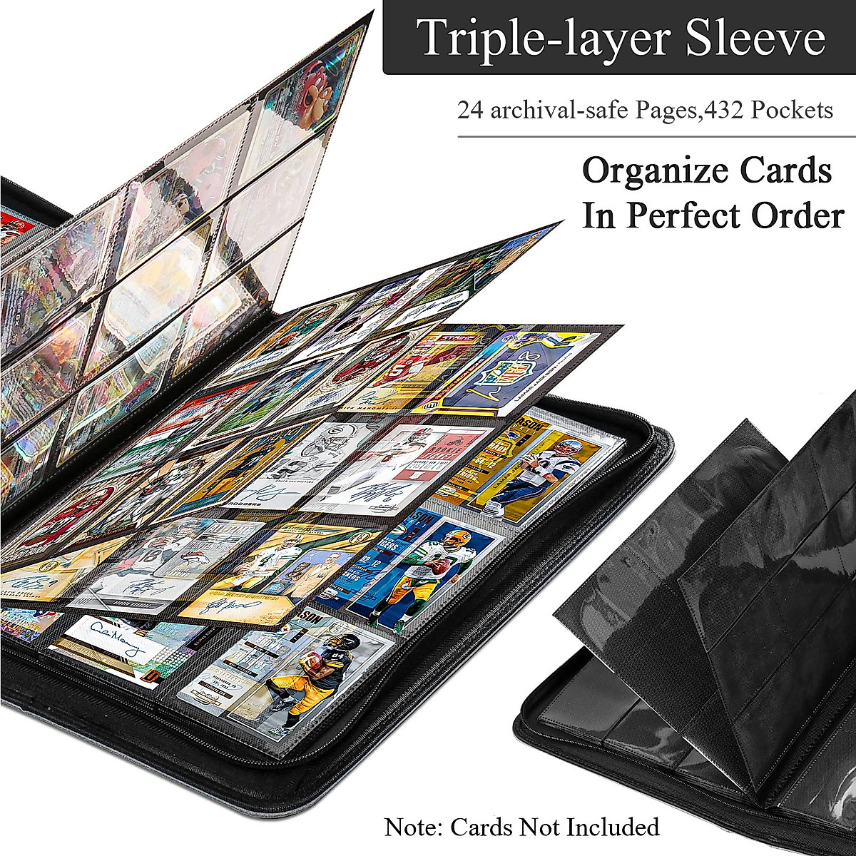 zeerliki 9-Pocket Trading Card Binder, 432 Pockets Game Card Holder Album with Black Sleeves, Side-Loading Pocket Zipper Binder Case for MTG,TCG,Sport Cards,Photocard