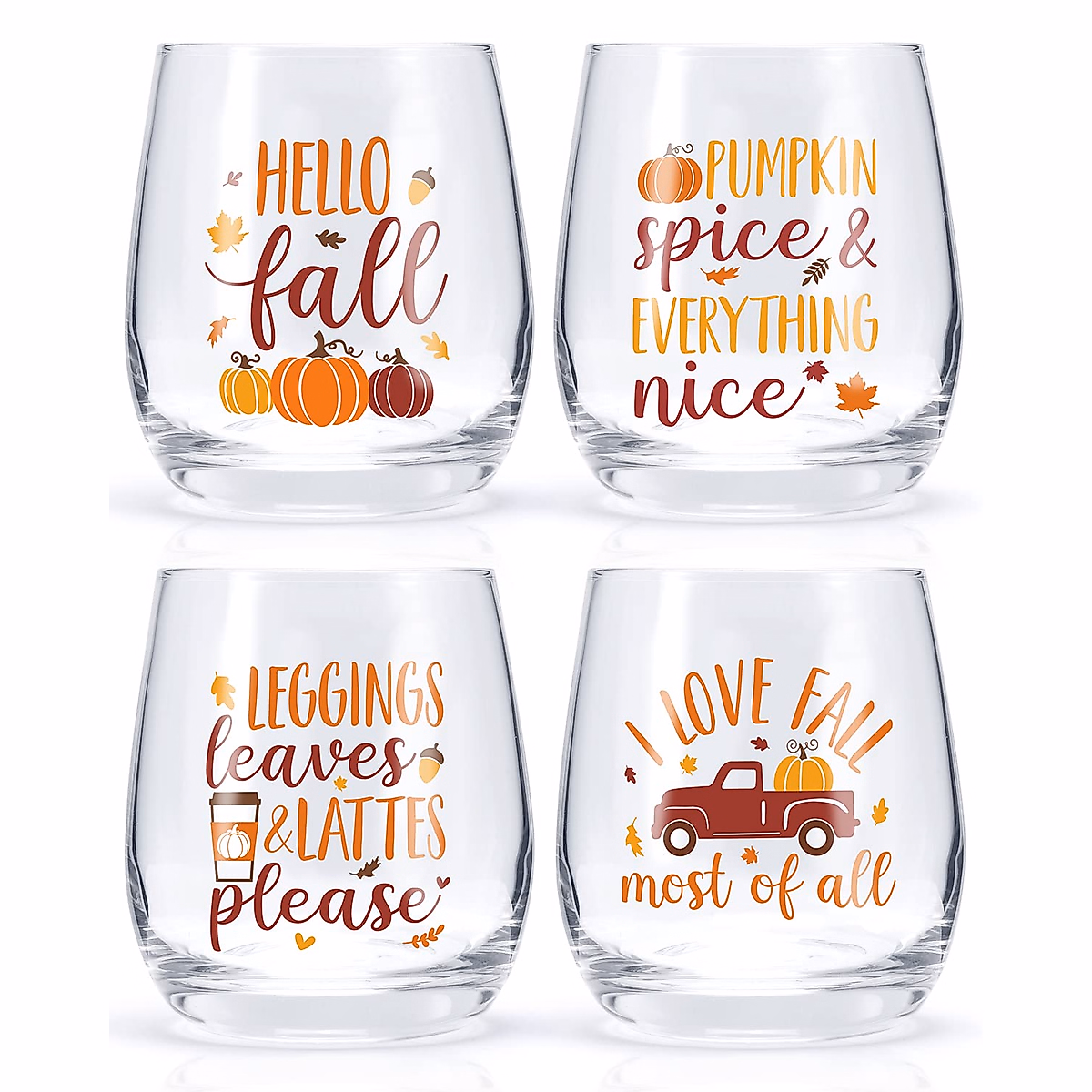 Nefelibata Fall Wine Glass Fall Cups Hello Fall Fall Leaves Pumpkin Spice Stemless Wine Glass Tumbler for Table Decor Wedding Birthday Thanksgiving Gift Ideas 12oz Set of 4