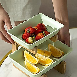 GENDLTHIJ 3 Tier Ceramic Fruit Bowls for Kitchen Fruit Basket for Kitchen Counter, Ceramic Fruit Serving Tray with Bamboo Stand, for Fruit Vegetable Snack Dessert (Three Tier White with Drawer)