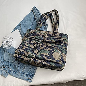 AZURAOKEY Puffer Tote Bag for Women, Autumn Winter Down Padded Shoulder Bags Large Capacity Casual Quilted Shoulder Bags Zipper Pocket Cotton Pouch for Shopping-Camouflage
