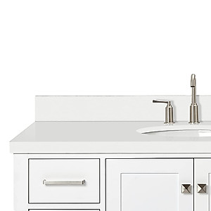 ARIEL 49" White Bathroom Vanity with 1.5" Edge Pure White Quartz Countertop & Backsplash, Center Oval Sink, 2 Soft Closing Doors, 9 Full Extension Dovetail Drawers, Brushed Nickel