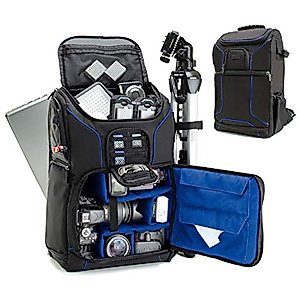 USA GEAR DSLR Camera Backpack Case - 15.6 inch Laptop Compartment, Padded Custom Dividers, Tripod Holder, Rain Cover, Long-Lasting Durability and Storage Pockets - Compatible with Many DSLRs (Blue)