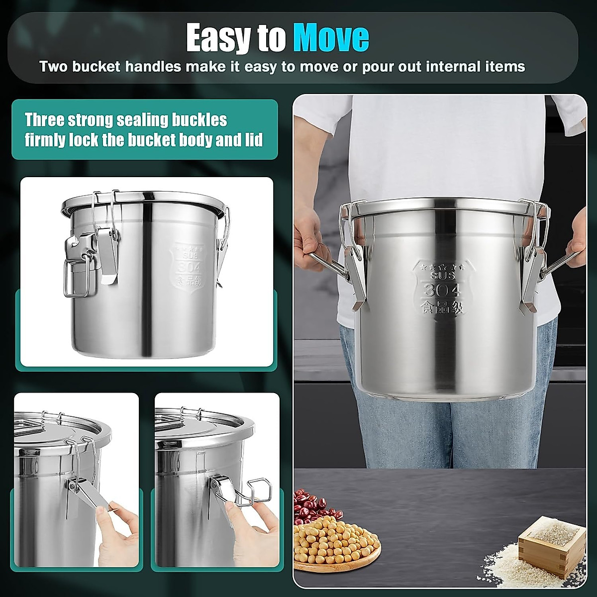 GCIUEMMH 6L/12L Stainless Steel Airtight Canister for Kitchen - 304 Stainless Steel Kitchen Cereal Container Milk Storage Canister Flour Container Kitchen Storage Bucket With Lid and Handles (12L)