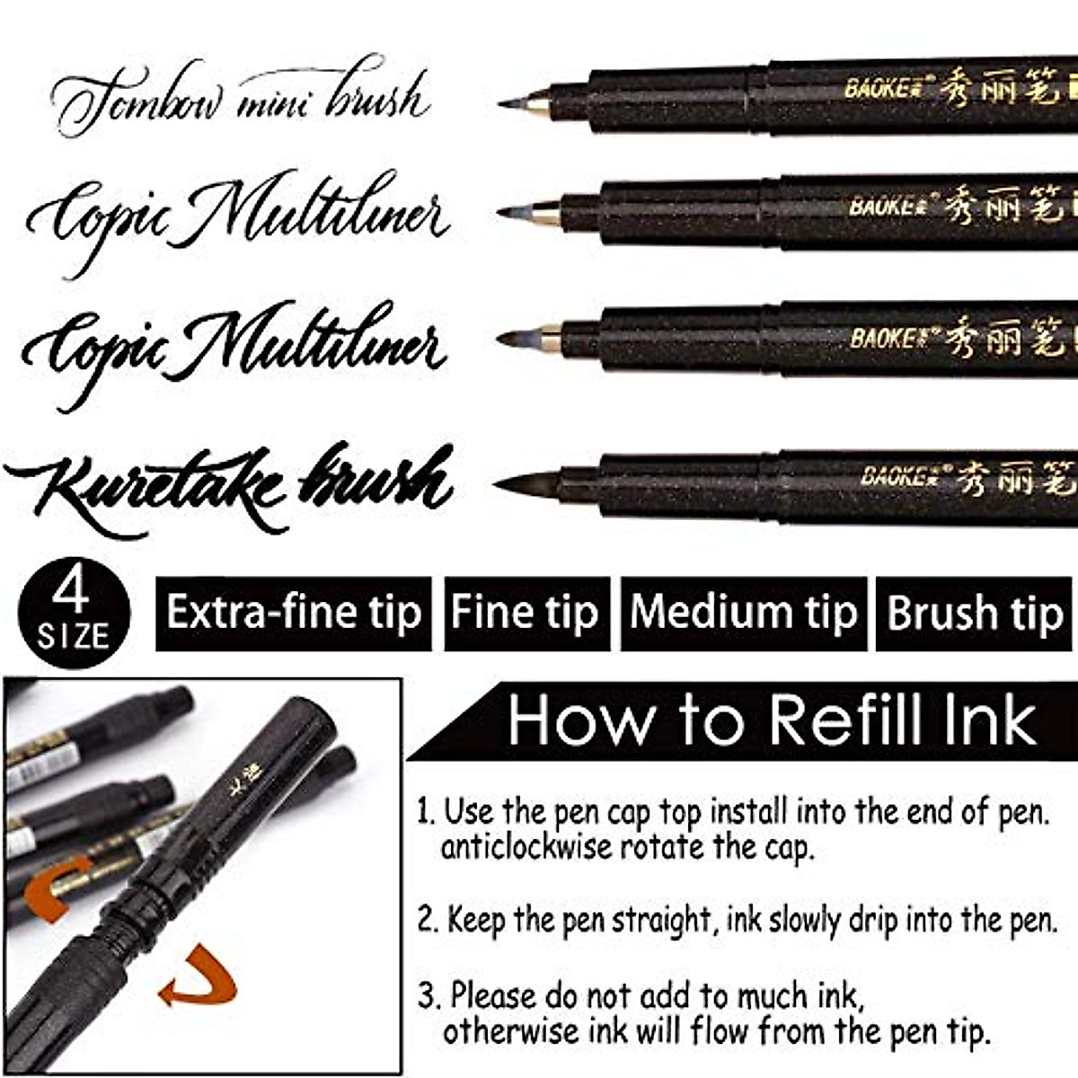 Fhyhej Hand Lettering Pens,Calligraphy Pen,Refillable - 4 Size(8 Pack),for Beginners Writing,Water Color Illustrations,Multiliner, Sketching,Art Drawing Illustration,Art Marker Set