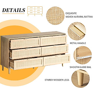 Fsbecl Large Rattan Dresser for Bedroom, Modern 6 Drawer Double Dresser with Gold Handles, Natural Rattan Bedroom Dresser for Closet, Wood Storage Chest of Drawers for Living Room, Hallway, Natural