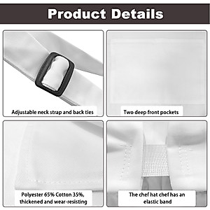 White Chef Apron and Hat Set, Chef Hat and Kitchen Apron with Front Pockets for Adult, Adjustable Apron Baker Costume for Cooking, Baking, Grilling, Restaurant, Men Women Halloween Cosplay Accessories