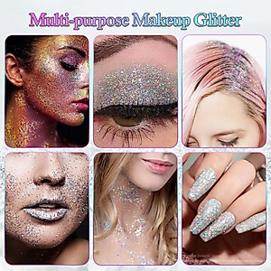 Fine Holographic Glitter Iridescent Silver Glitter Powder, Multipurpose Laser Silver Fine Glitter Bulk Makeup Glitter Metallic Resin Glitter for Tumblers Slime Craft Nail Body Face Hair (7.05oz,200g)