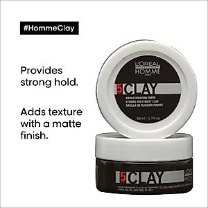 L'Oreal Professionnel Men’s Styling Clay - For All Hair Types, Provides Strong Hold and Matte Finish