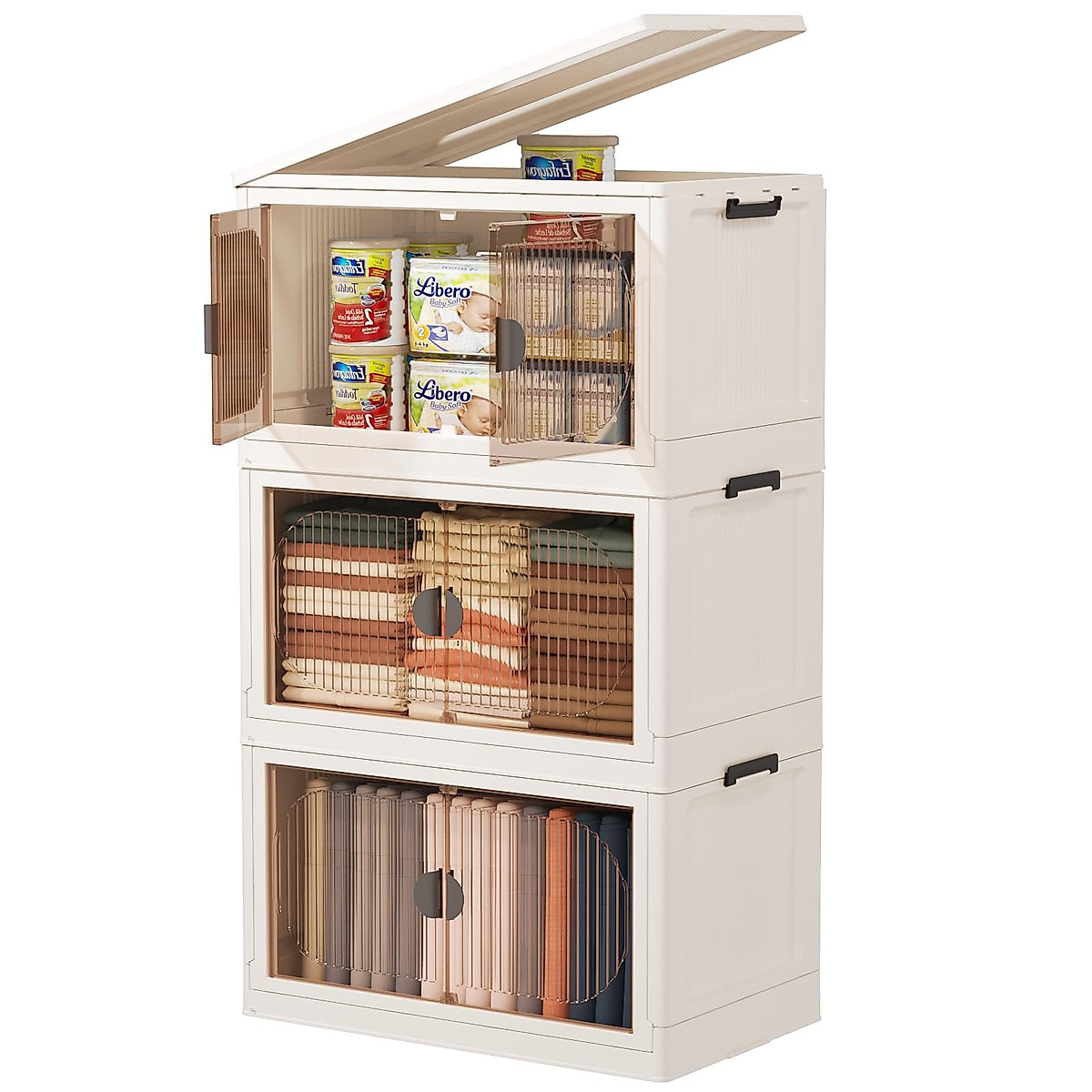 Clear Storage Bin with Lid 3 Pack 【Stackable & Sturdy】Plastic Bins for Storage, Multifunctional Folding Storage Bins for Bedroom, Living Room, Study, Toy Room, Folding Box with Magnetic door