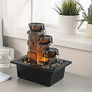 GOSSI Home Décor Imitation 3-Tier Stone Wall Tabletop Fountain Many Natural River Rock Office Relaxing Waterfall Meditation Tabletop Fountain LED Lights Fountain(22070)
