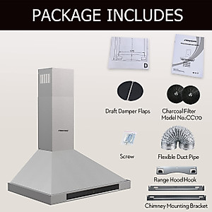 FIREGAS Wall Mount Range Hood 30 in. With 450 CFM Brushless DC Motor,9 Speed Exhaust Fan,LED Light,Soft Touch Control,Buffle Filter, Charcoal Filter included for Ducted/Ductless Range Hood Convertible