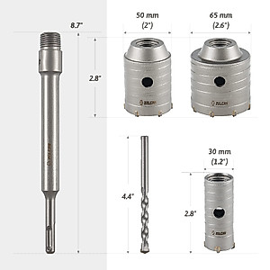 ZELCAN Hole Saw Kit, 4pc Drill Hole Cutter Set with 30 50 65mm Hole Drill Bits for SDS Plus Hammer Drills, Circle Drill Bits Hole Saw Set for Concrete Brick Cement Stone Wall Drilling Home Improvement