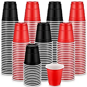Dandat 200 Pack 2 oz Plastic Shot Glasses Plastic Cups Mini Disposable Glasses for BBQ Christmas Party Tastings Serving Sample Picnic Camping Daily Life Wedding Supplies (Black, Red)