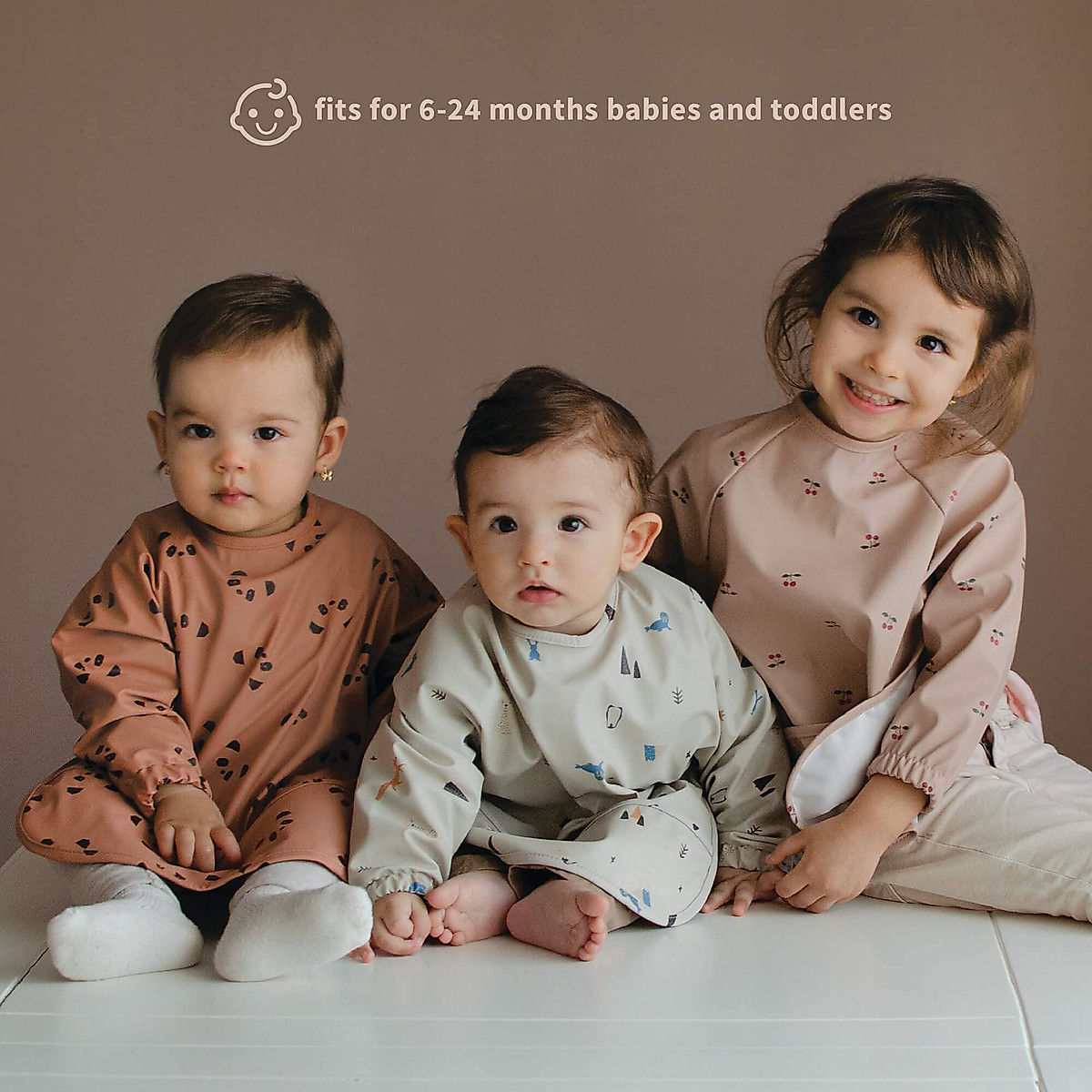 Long Sleeve Bib, Baby Toddler Bib, 6-24 Months, Waterproof Mess-Proof Fabric, Art Smock, Catch-All Pocket, Feeding Bib (Light Brown Cherries)