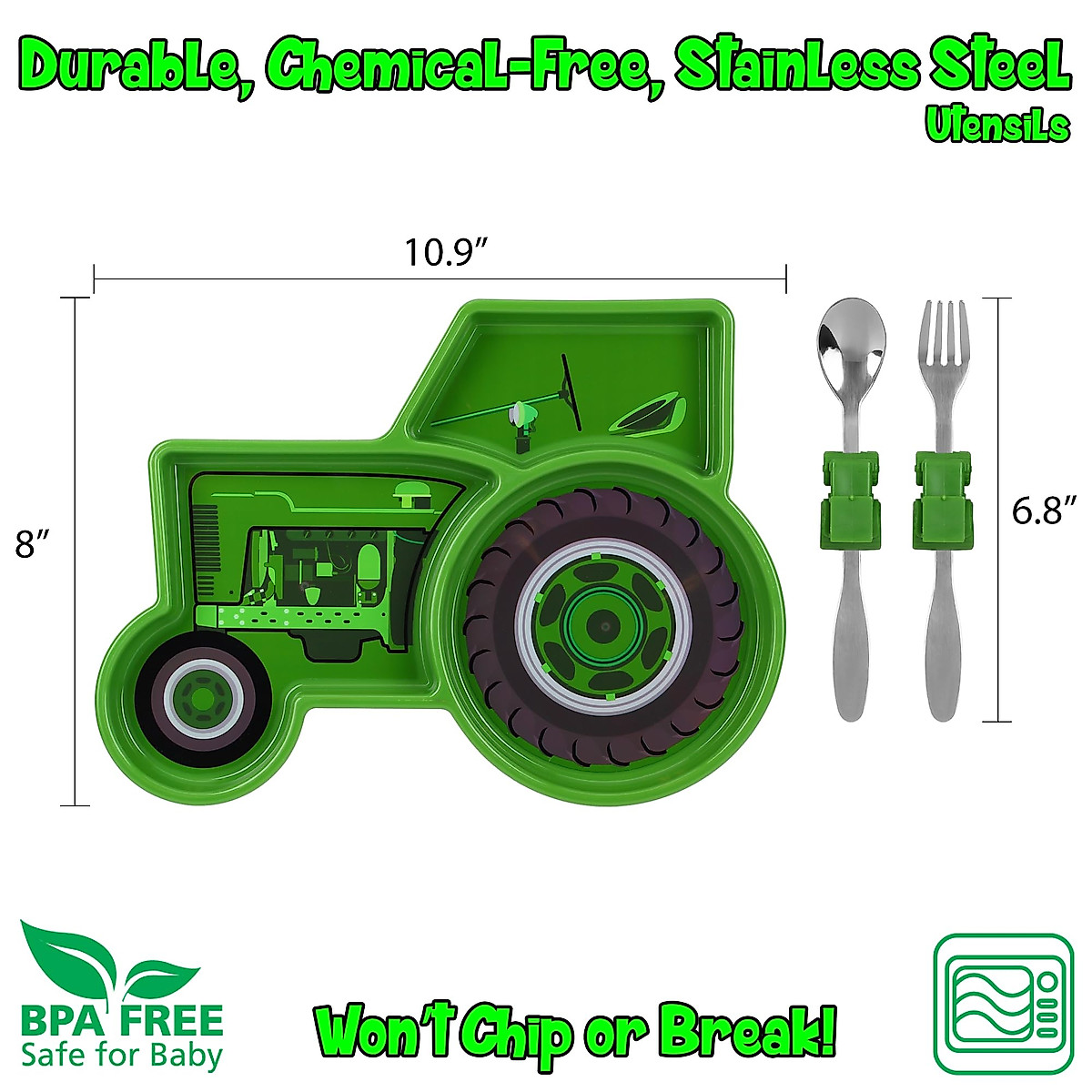 Funwares Green Tractor Engaging Kids' Dinnerware Set: Durable, Divided Plate, Fun Fork and Spoon, Ideal for Picky Eaters, Educational Mealtime, Easy Cleaning, Gift for Toddlers