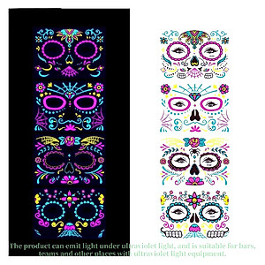 Beilingdun Halloween & Day of the Dead Sugar Skull Glowing Temporary Face Tattoos (8 Packs),Roses Spider Net and Floral Black Skeleton Web Red Roses Full Face Mask Tattoo for the halloween &Night Party