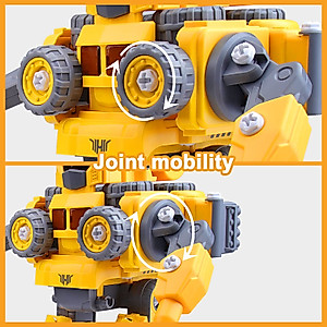 Toy Car Set for Kids 5 in 1 Transform Robot Take Apart Toys Building Toys Excavator Construction Vehicle Robot Toy with Sound and Light Effect for 3 4 5 6 7 8 Olds Boys and Girls Gift
