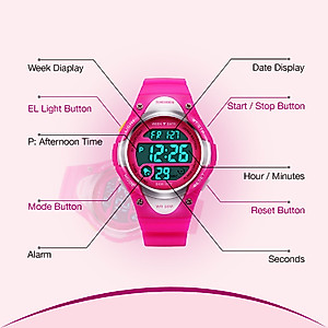 cofuo Girls Boys Digital Watch - Kids Sports Waterproof Outdoor Watches with Alarm Stopwatch Youth Children LED Electronic Wristwatch - Rose Red