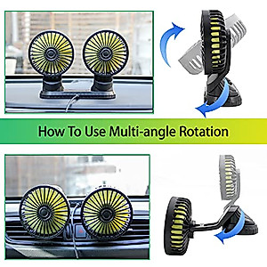 Xximuim Car Cooling Fan,360° Adjustable Dual Head Cooling Air Fan Brushless Motor Low Noise Automobile Vehicle Fan Micro USB for Car/SUV/RV/Truck/Boat Use (Without Coloured Light)