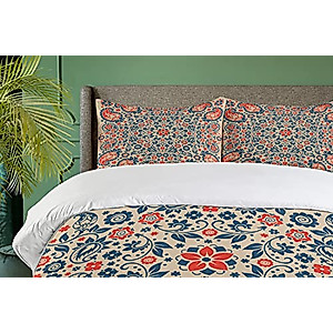 Ambesonne Paisley Duvet Cover Set, Floral Ornate Pattern Cultural Folk Persian Middle Eastern, Decorative 3 Piece Bedding Set with 2 Pillow Shams, Queen Size, Night Blue Orange Tan