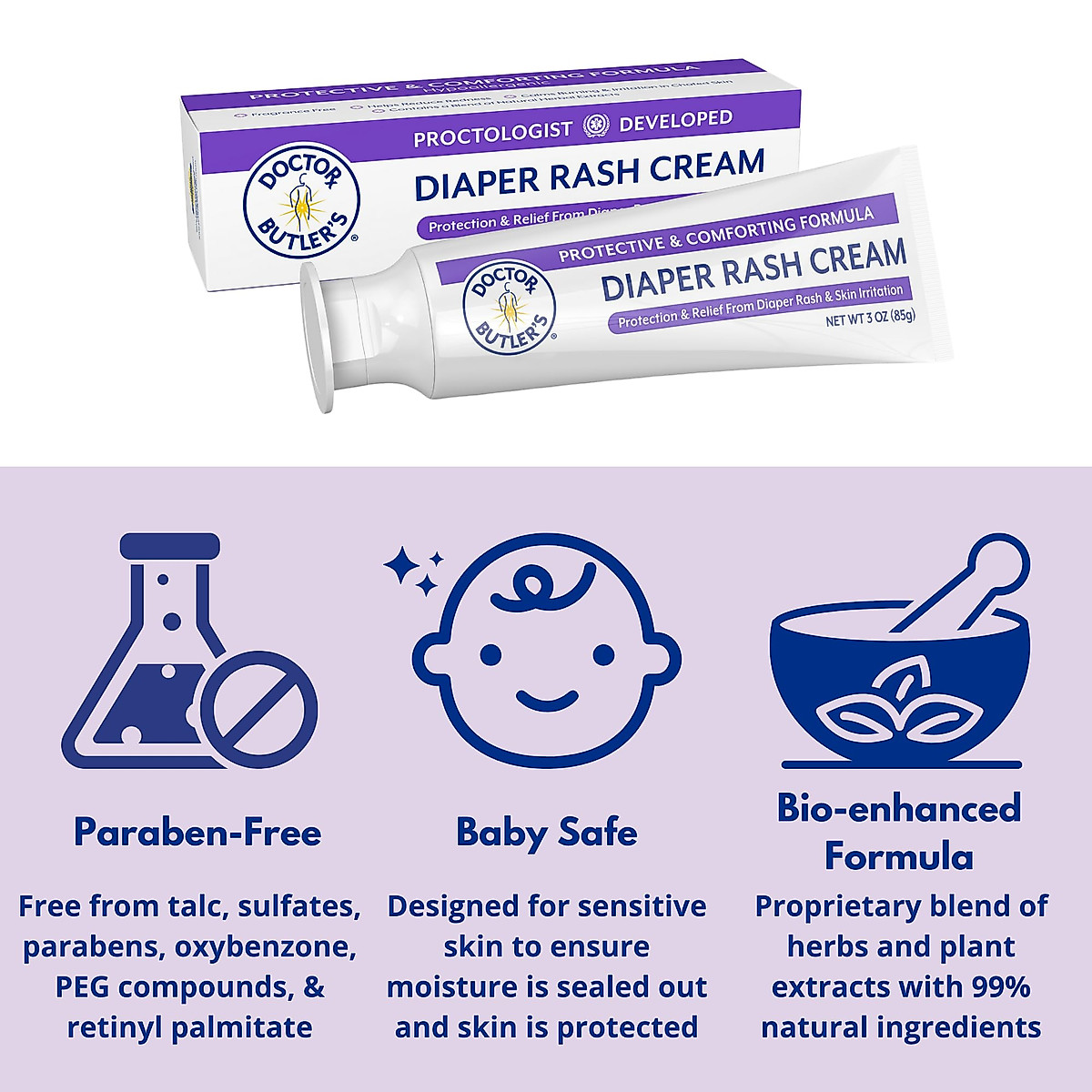 Doctor Butler’s Diaper Rash Cream – Maximum Strength Diaper Rash Cream for Baby Providing Fast Relief & Protects Sensitive Skin, Botanically-Derived Ingredients & Free of Irritants (3oz)