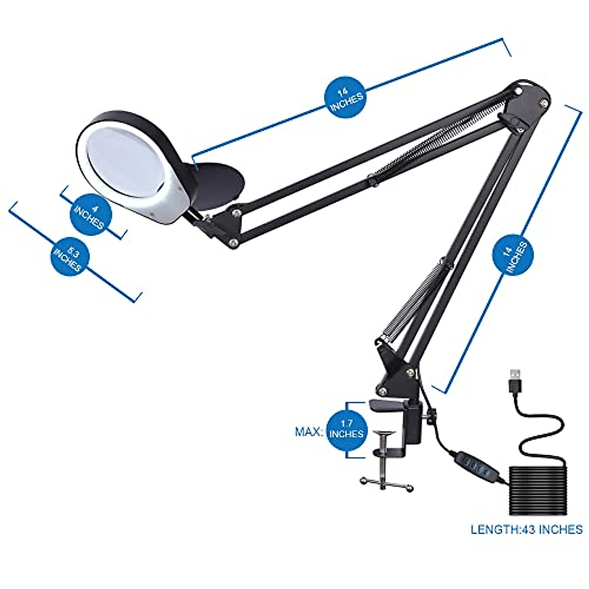 YOCTOSUN Magnifying Desk Lamp with Clamp, 5X Real Glass Lens, 3 Color Modes Stepless Dimmable, Adjustable Arm Magnifying Glass with Light and Stand for Reading, Painting, Sewing & Crafts