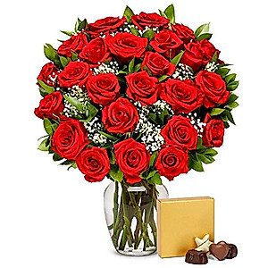 From You Flowers - Two Dozen Red Roses with Chocolates with Glass Vase (Fresh Flowers) Birthday, Anniversary, Get Well, Sympathy, Congratulations, Thank You