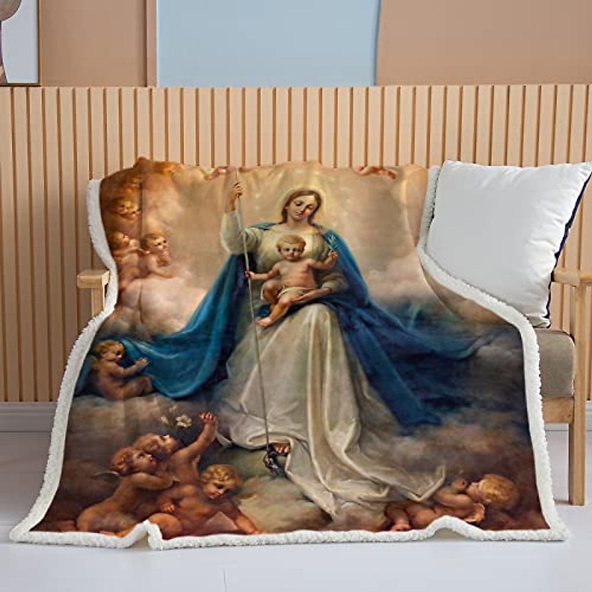 Bedmust Blue Virgin Angel Throw Blanket Virgin Maria Authentic Catholic Blankets Mother Blanket Flannel Fleece Throw Blanket (60x50 inches)