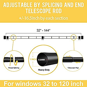 Zeerobee Curtain Rods for Windows 66 to 120, 1 Inch Black Curtain Rod Set, Heavy Duty Drapery Rods with Adjustable Curtain Rods, Outdoor Modern Curtain Rod with Simple End Caps, 32"-144", Black