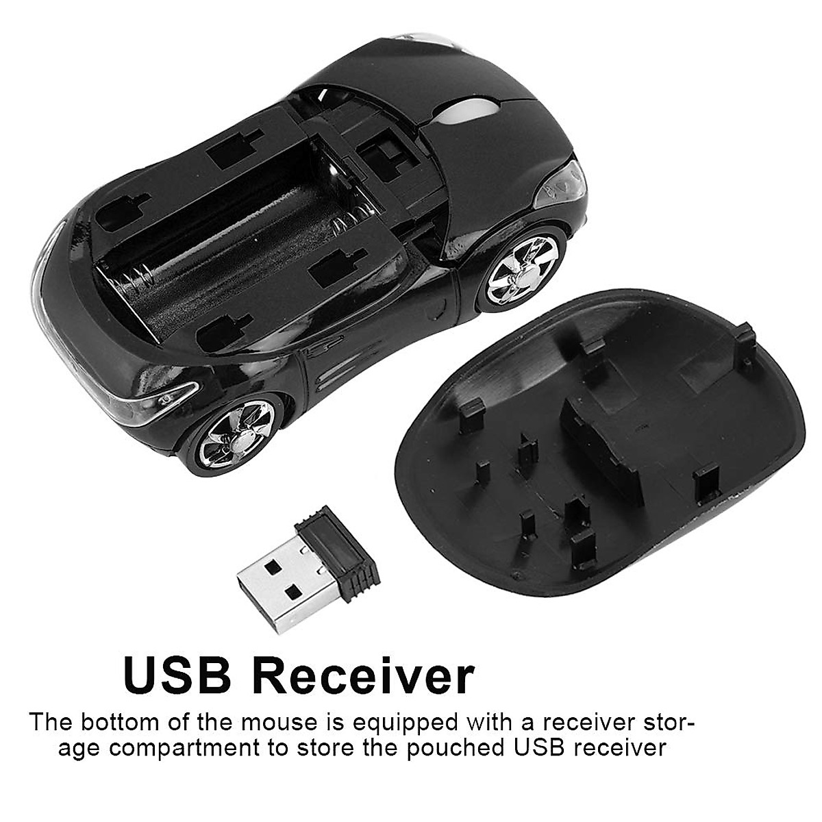 1600DPI Portable Mouse, 10M 2.4G Bluetooth Optical with Receiver Storage, 3 Buttons Car Shaped for/ME/Windows PC/Tablet Gaming Office(Black)