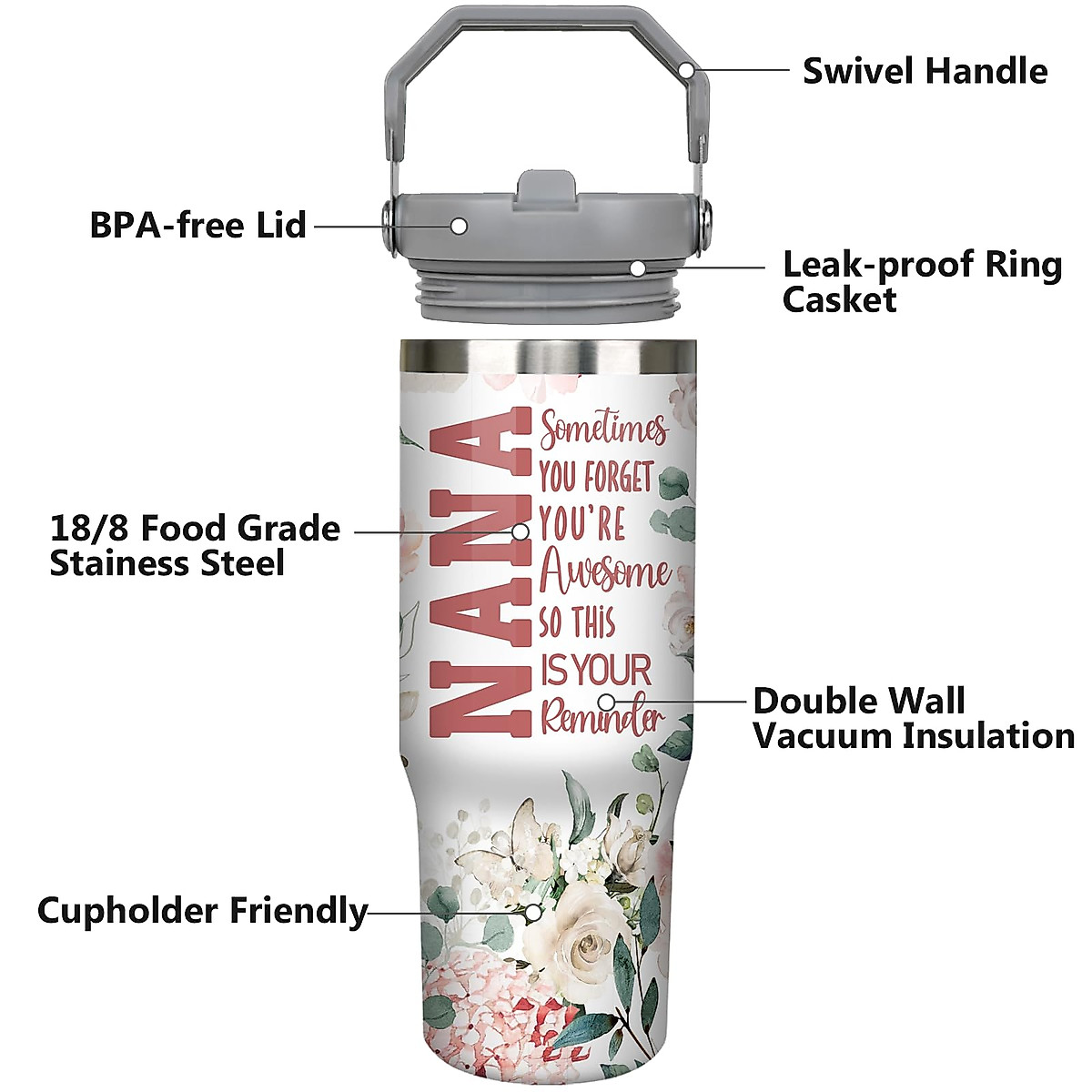 ysnifeiw 30oz Grandma Tumbler with Handle and Straw, Stainless Steel Insulated Nana Cup with Top Handle and Lid, Grandma Coofee Mug Christmas Birthday Gifts for Grammy/Gigi/Mimi