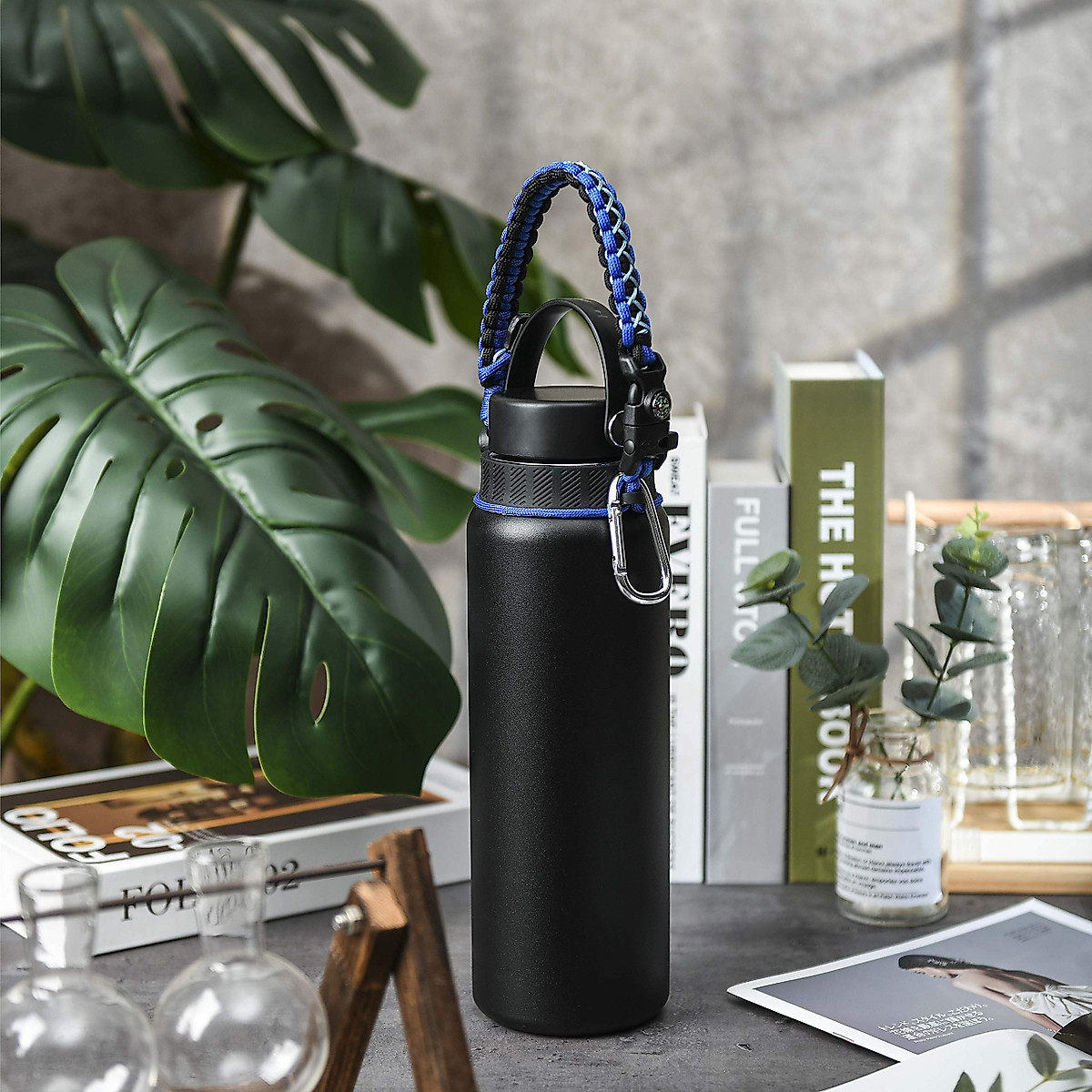 QeeCord 2.0 Paracord Handle for Hydroflask 2.0 Wide & Standard Mouth Water Bottles Strap Carrier with New Safety Ring Holder, 12oz - 64oz (32 oz-40 oz Wide Mouth, Blue/Compass+Whistle+Fire Starter)