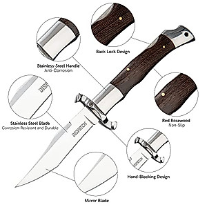 Dispatch Folding Pocket Knife Stainless Steel Mirror Blade, with Wenge Wood Handle, Back Lock Design and Hand-blocking Design for Outdoor, Tactical, Survival, and EDC