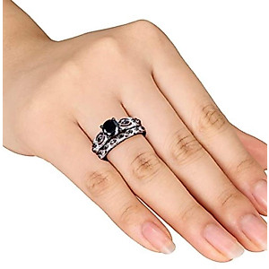 Round Cut Created Black Diamond Milgrain Engagement Bridal Ring Set 14k White Gold Plated 925 Sterling Silver