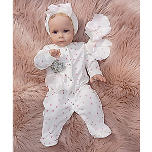 LAL & LUNA Baby 3 Pc Crown Jewel Cotton Outfit, Footie with Hat and Mittens (09-White -Pink Star (Girl), 0-3 Months)
