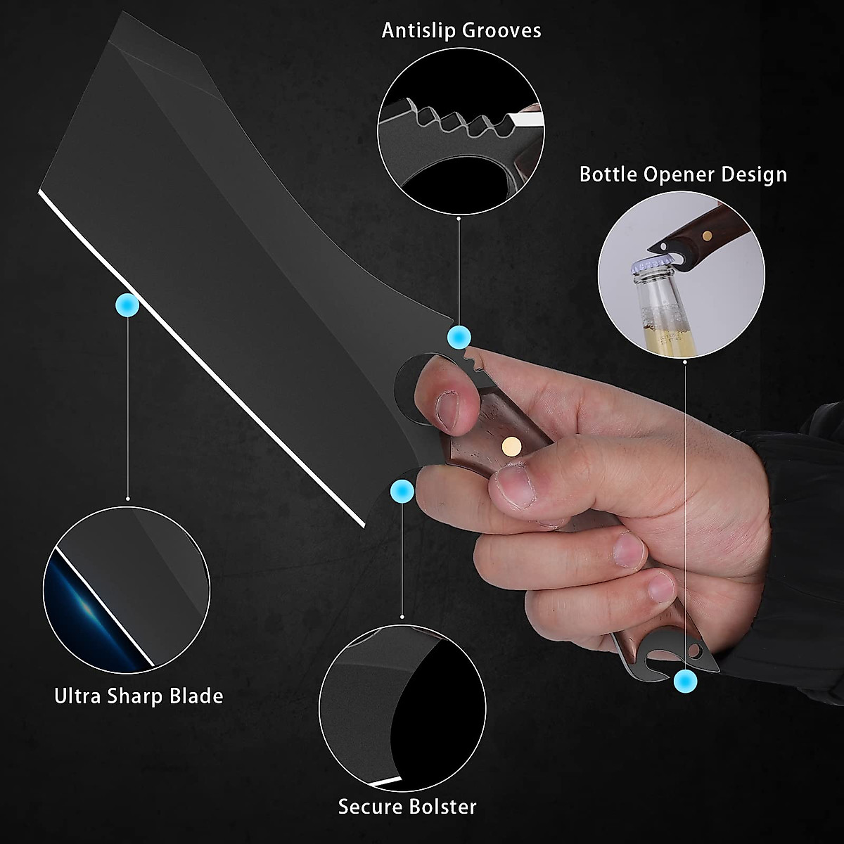 Meat Cleaver, 10 inch Black Meat Cleaver Boning Knife, Chef Chopping Butcher Cooking Knife, High Carbon Steel Sharp Kitchen Viking Knife with Sheath Gift Box Bottle Opener for Outdoor BBQ Camping