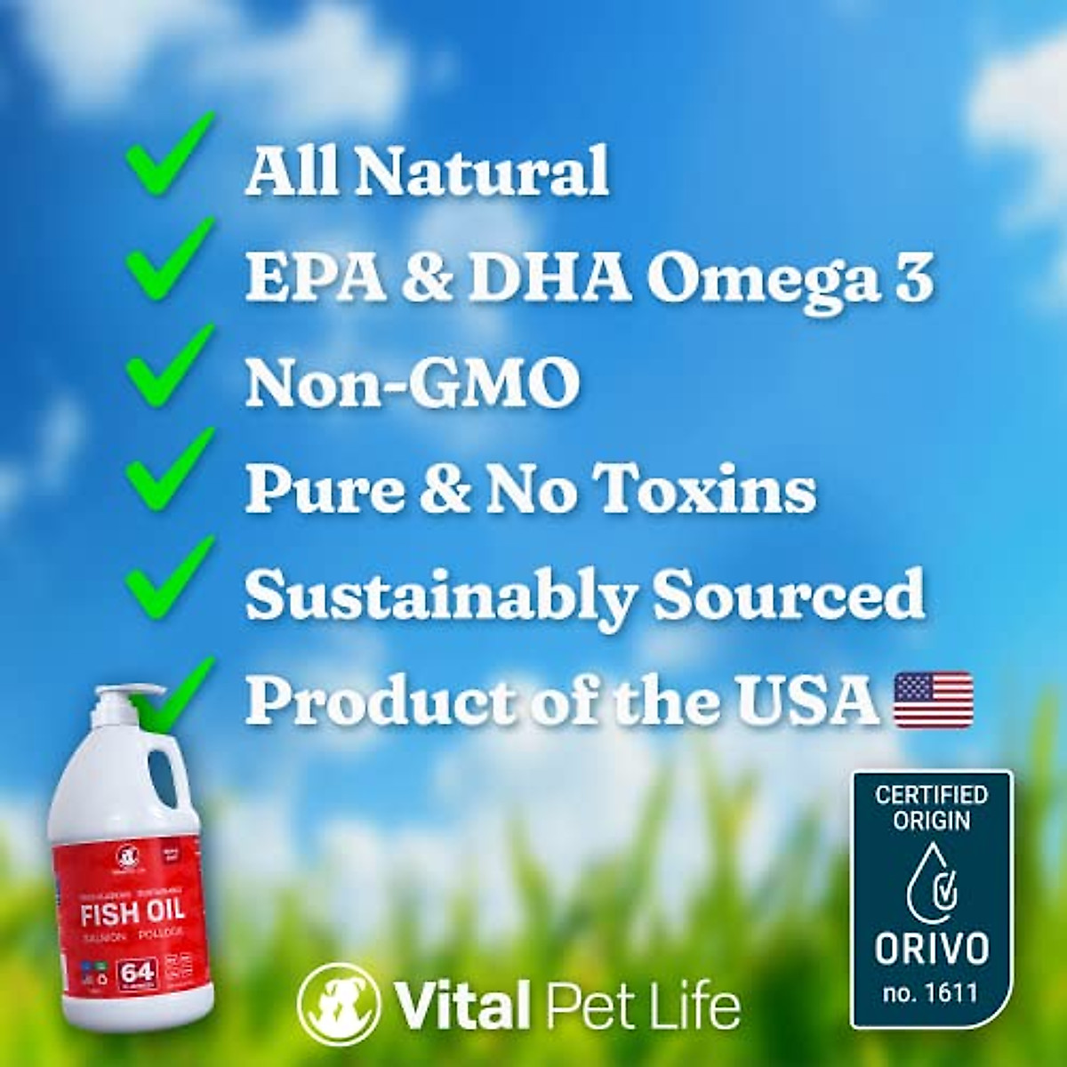 Fish Oil for Dogs, Salmon, Pollock, Omega 3 EPA DHA Liquid Food Supplement for Pets, All Natural, Supports Healthy Skin Coat & Joints, Natural Allergy & Inflammation Defense, 64 oz