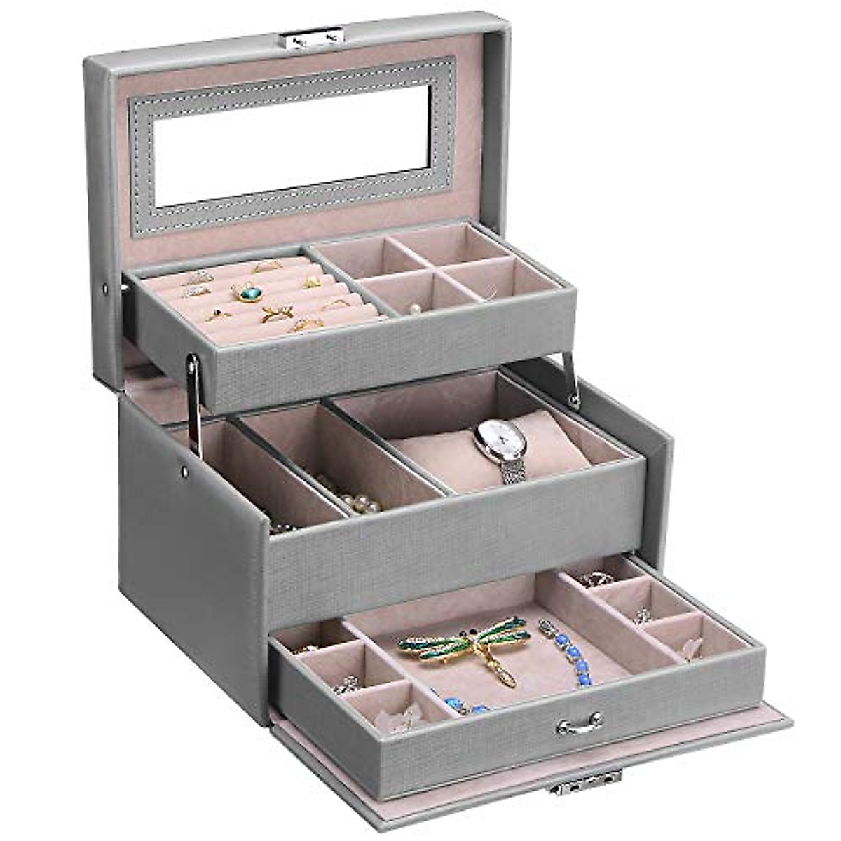 BEWISHOME Jewelry Box Organizer Jewelry Boxes for Women Girls Jewelry Organizer with Lock Mirror Jewelry Storage Case Holder Portable Travel Case Grey SSH77H