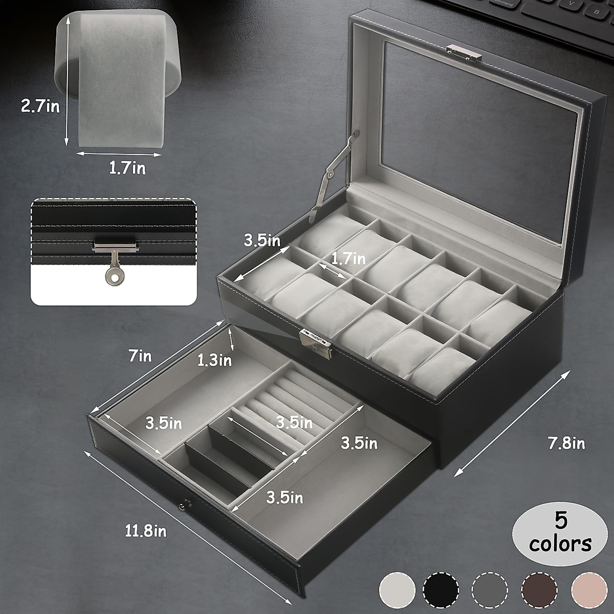 Ogrmar 12 Slot PU Leather Lockable Watch Storage Boxes, Men & Women Jewelry Display Drawer Case, 2-Tier Organizer Watch Showcase with Glass Lid