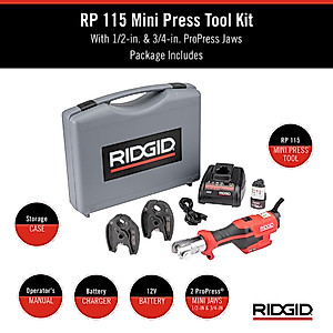 RIDGID 72553, RP 115 Mini Press Tool Kit with 1/2" - 3/4" ProPress Jaws and Carrying Case