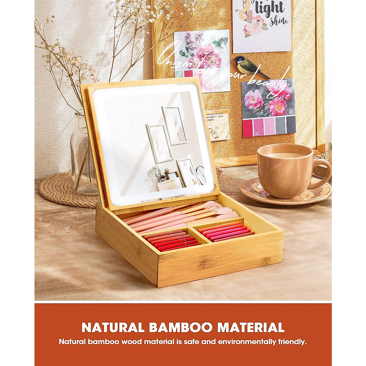 Onism Bamboo Makeup Organizer with LED Light Mirror, Cosmetic Organizer Storage for Store Cosmetics, Makeup Brushes, Jewelry, Hair Accessories, Perfect for Bathroom, Bedroom, Vanity