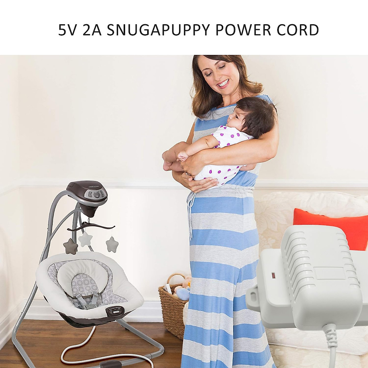 BOEEA 5V Power Cord Replacement for Graco Duetsoothe Swing, Charger for Simple Sway and Nova Baby Swing, 6.6 Ft Charging Cable, White