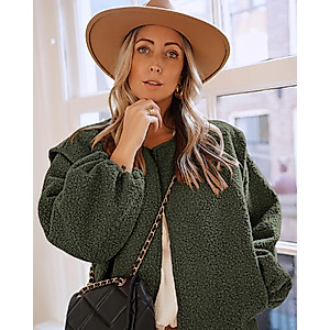 KIRUNDO Women's 2024 Fall Winter Sherpa Fleece Jacket Faux Wool Embedded Lantern Sleeve Casual Loose Outwear With Pockets(Army Green, Medium)