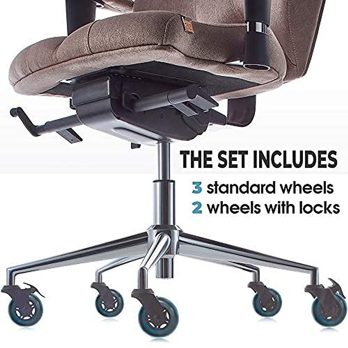 STEALTHO Patented Replacement Office Chair Caster Wheels Set of 5 - with 2 Brakes - Protect Your Floor - No More Chair Mat Needed - Blue Polyurethane - Quiet Rolling Over Cables - Standard Stem 7/16