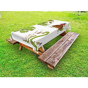 Ambesonne Reptile Outdoor Tablecloth, Reptile Family Colorful Snake Frog Ninja Turtles Love Mother Family Theme, Decorative Washable Picnic Table Cloth, 58" X 120", Green Brown Red