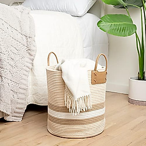 South of Maine Large Blanket Basket with Vegan Leather Handles. Cotton Rope Basket for Blankets, Laundry, Toys, Throw Pillows, Towels. Large Storage Basket for Living Room, Bedroom, Nursery. 14.5x16"