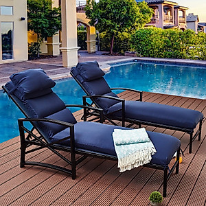 PatioFestival Patio Chaise Lounge Outdoor Adjustable Back Cushioned Chairs All Weather Steel Frame Lounger with Blue Pillow(2Pcs)
