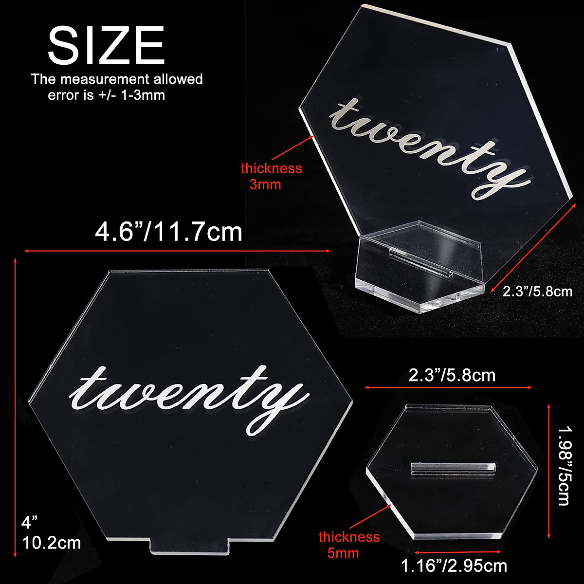 HighFree Hexagon Acrylic Table Numbers 1-20 with Stand - Printed Calligraphy Place Cards, Clear Acrylic Table Numbers for Wedding Reception, 4x4.5 inch, Set of 21