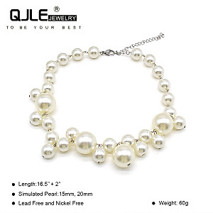 QJLE Stainless Steel Simulated Pearl Necklace for Women, 16.5+2'' Choker, High Lustre Round Beads, Silver Theme, Costume Jewelry Gift for Teen Girls