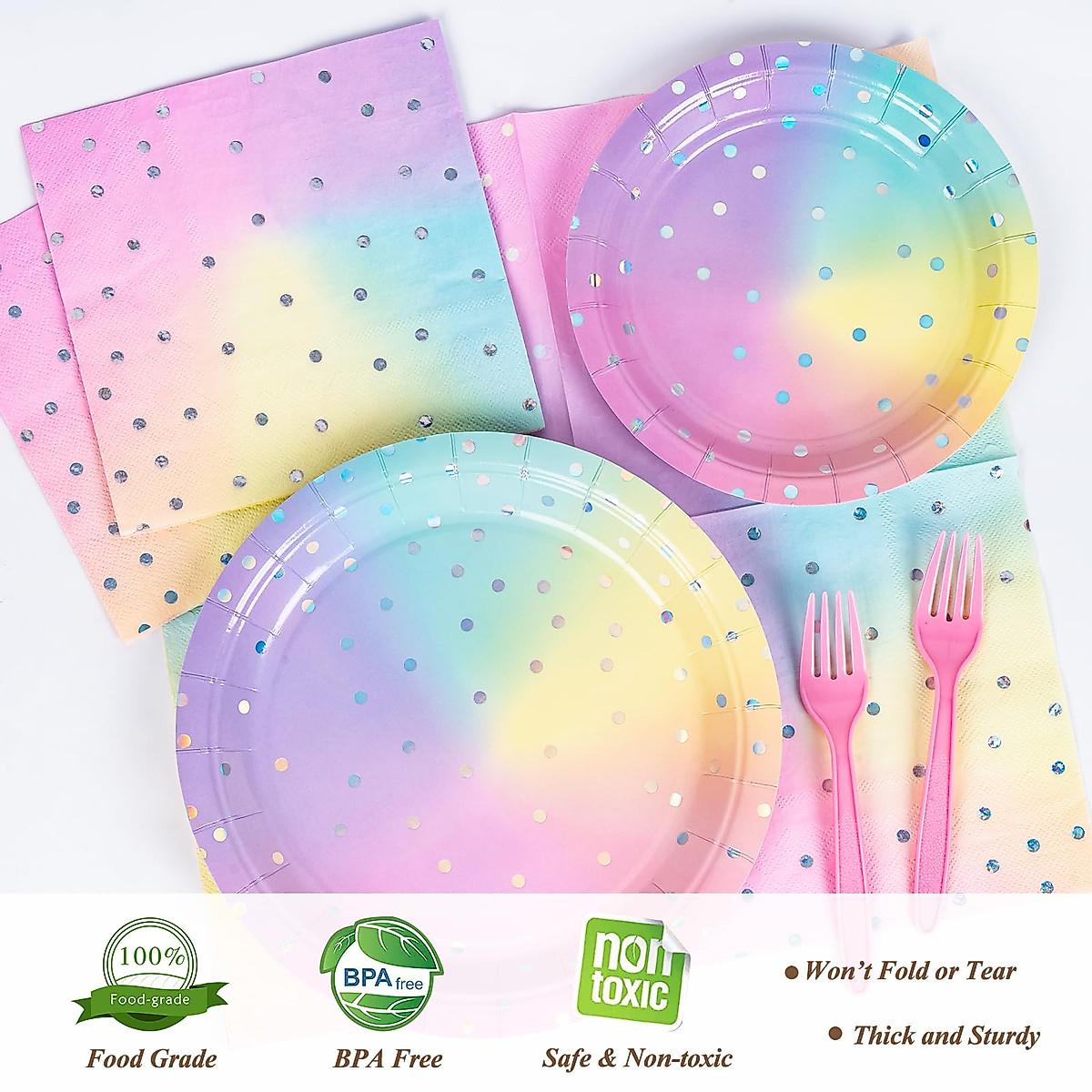 DECORLIFE Pastel Plates and Napkins Party Supplies Serve 24, Rainbow Birthday Plates and Napkins, Girls Baby Shower, Birthday BBQ, Folks Included, Total 96PCS